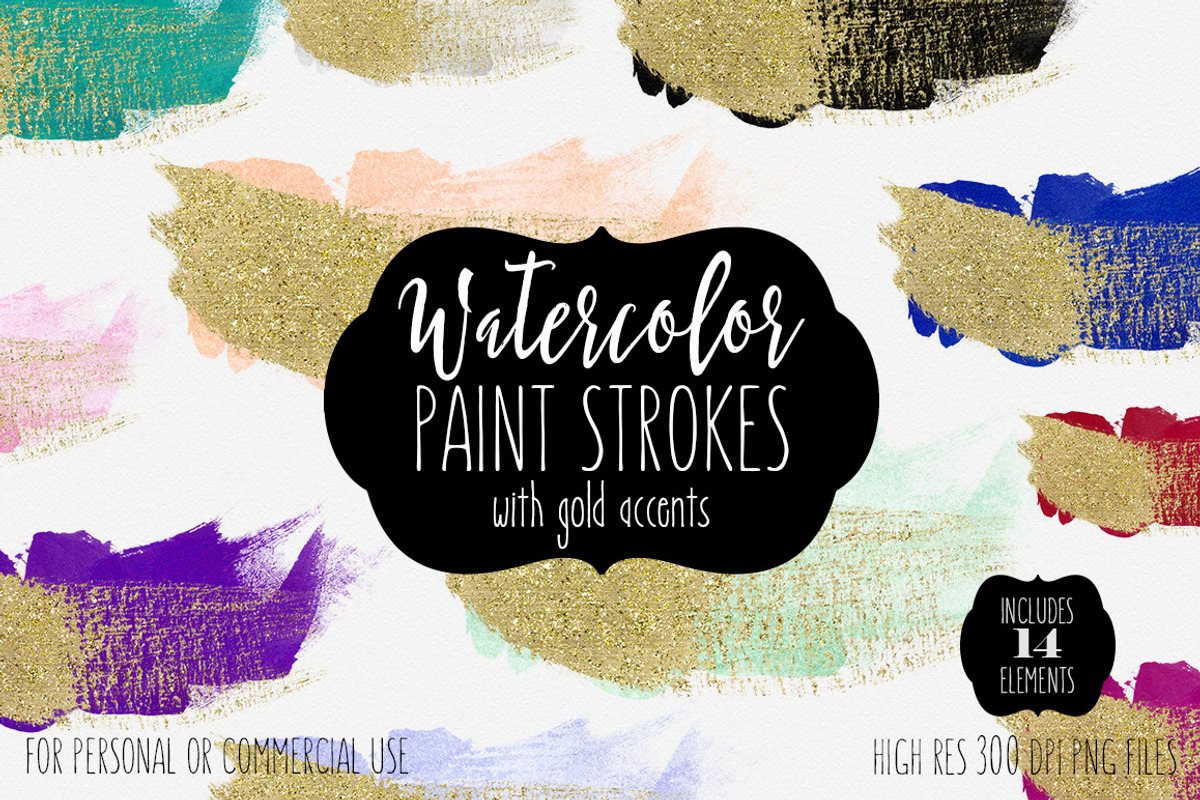 Watercolor & Gold Brush Strokes, a Texture Graphic by ClipartBrat Graphics