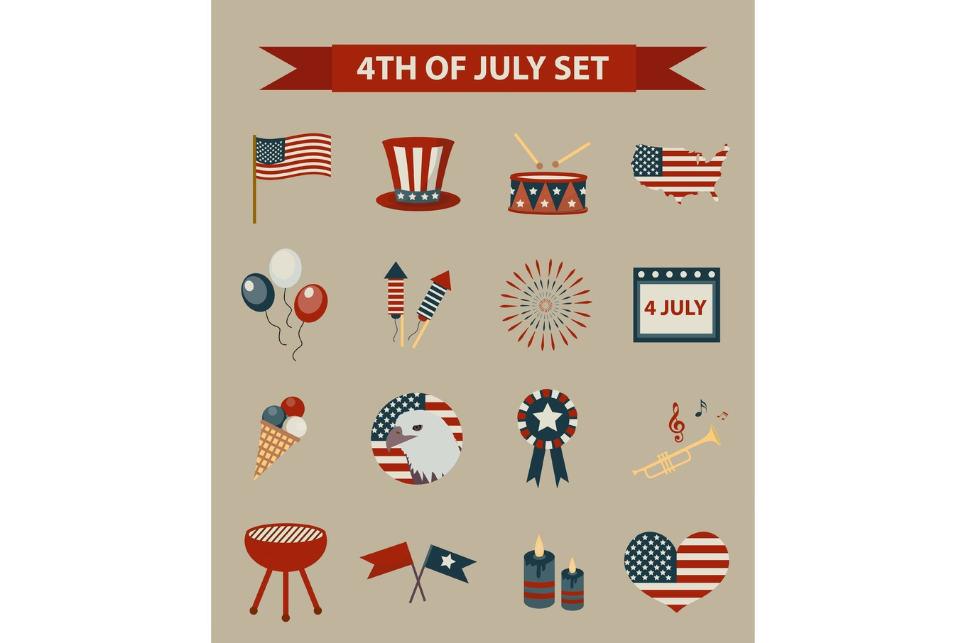 Vintage style set of patriotic icons Independence Day of America. July ...