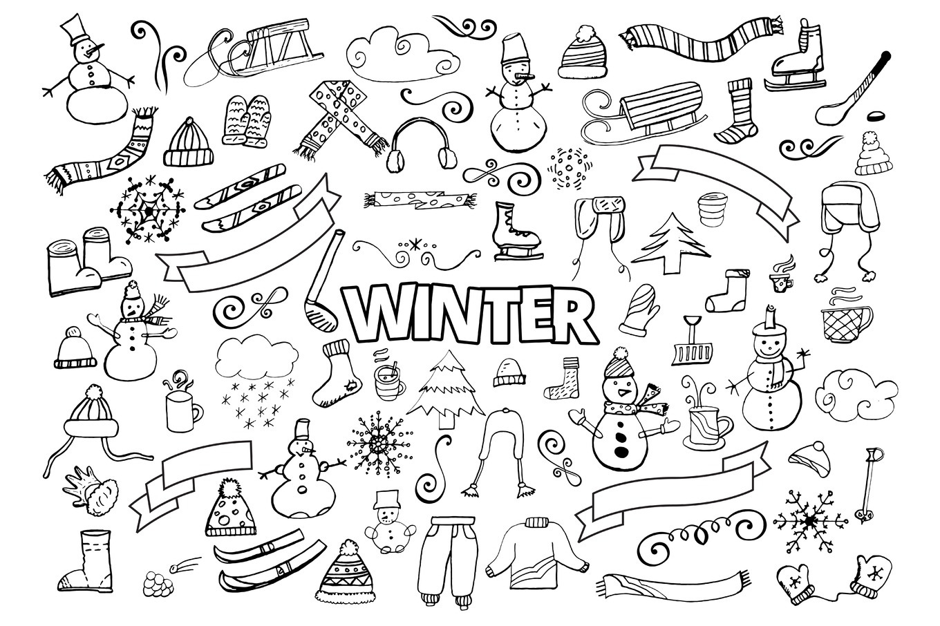 Winter doodles collection. Design elements. Snowman, Snowflakes, Skies ...