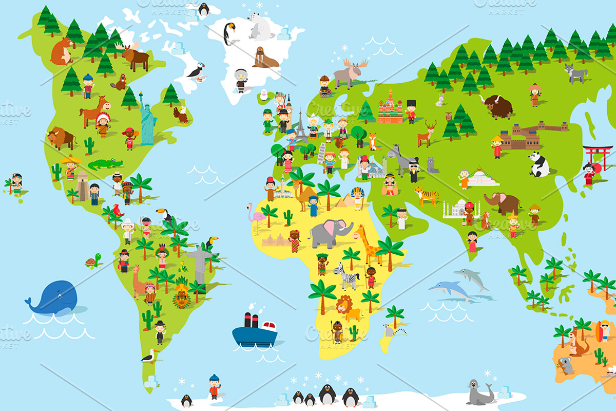 Cartoon World Map with kids and more