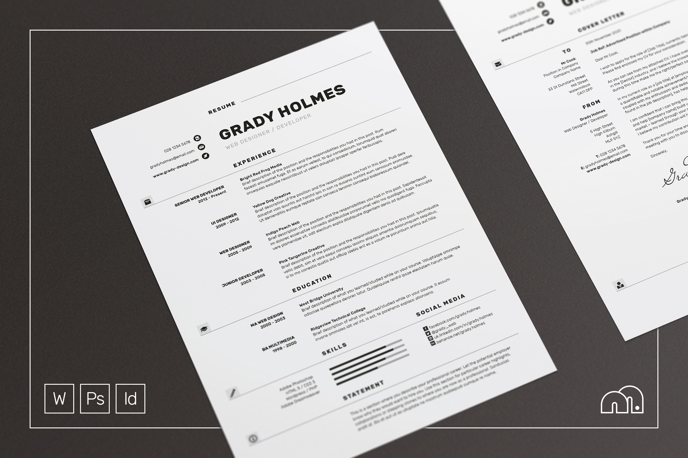 Resume/CV - Grady, a Resume Template by bilmaw creative | Creative Market