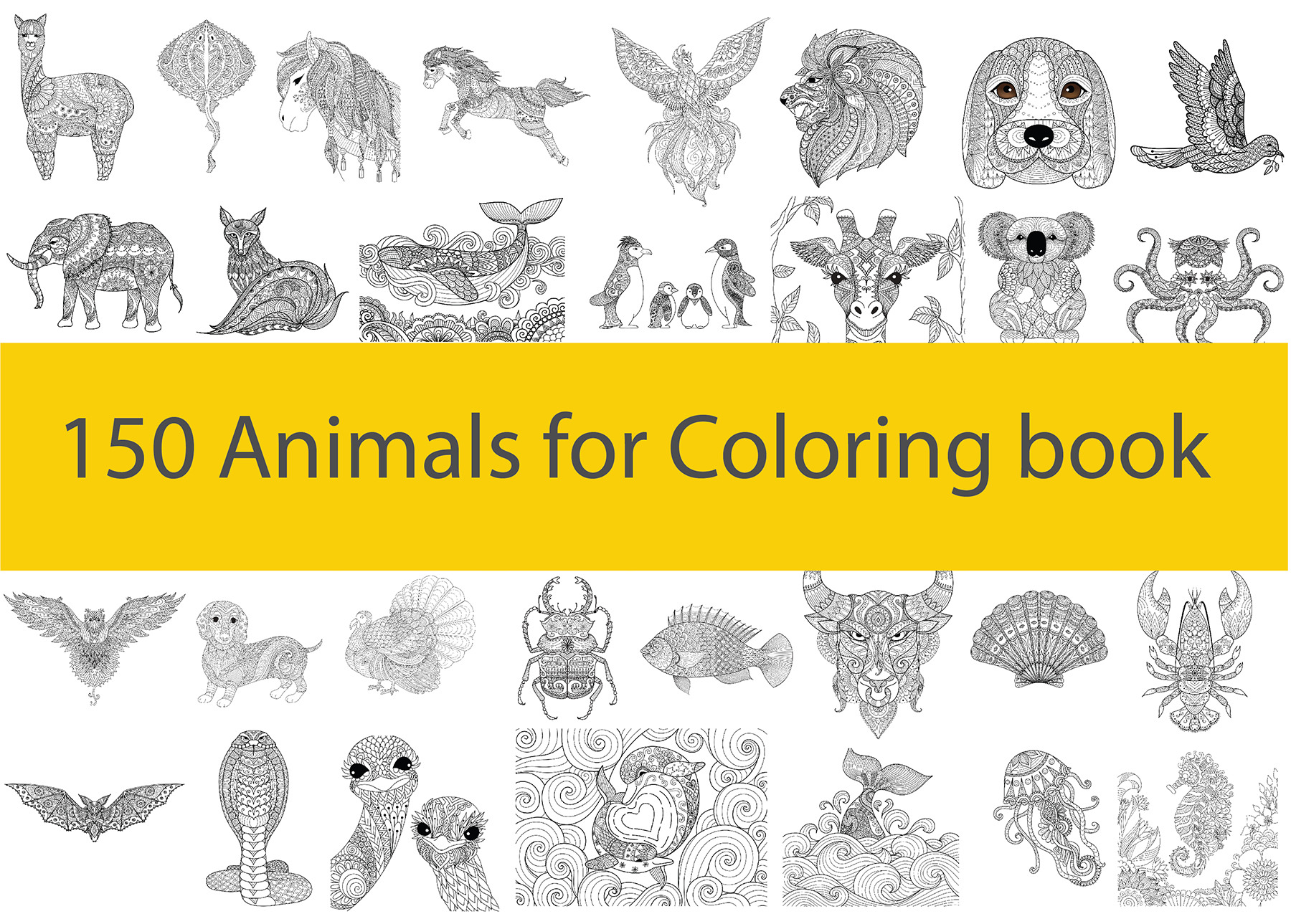 150 animals for adult coloring book, an Animal Illustration by Somjai King