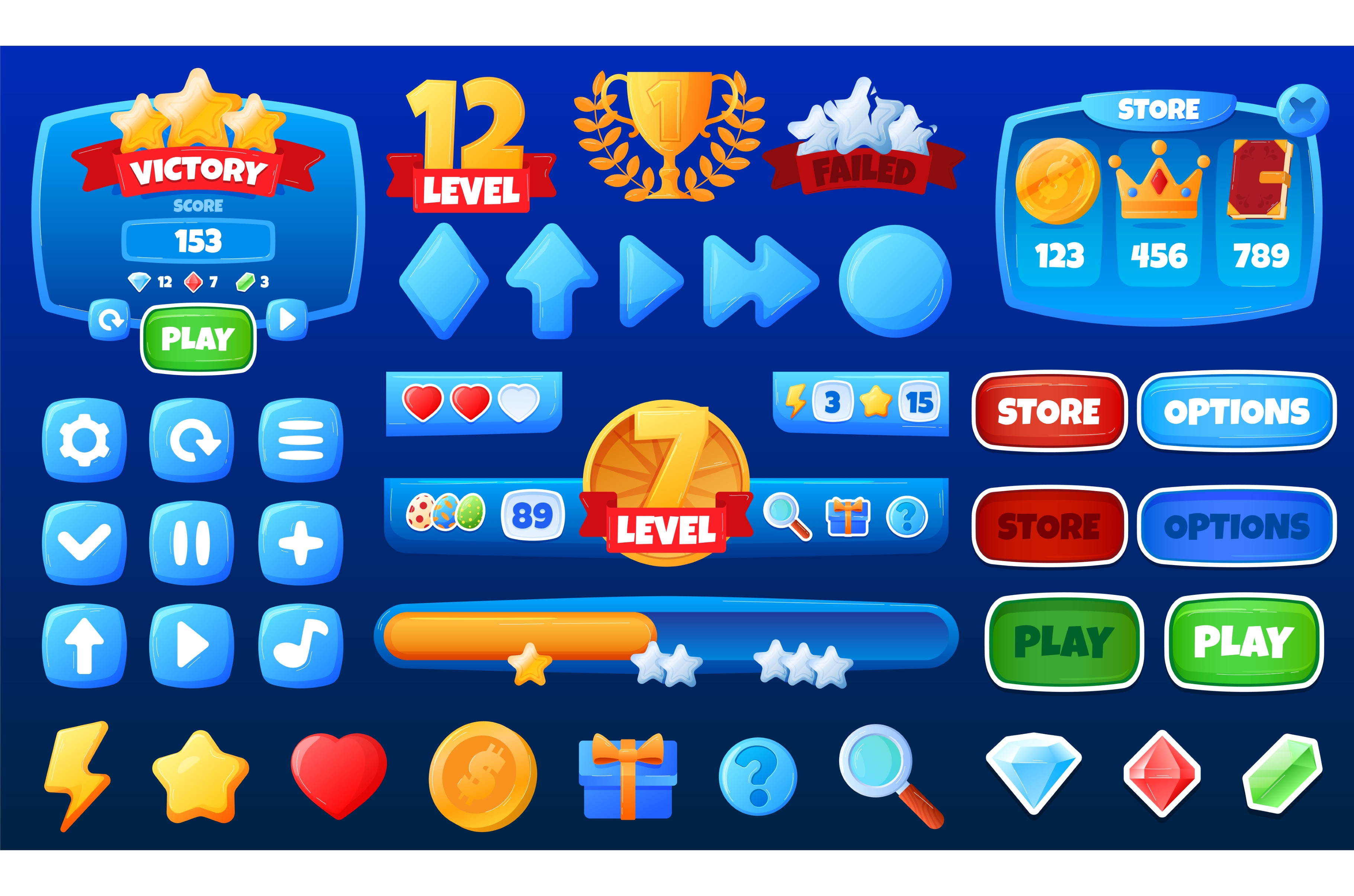 Mobile app, game interface buttons, an Illustration by seahorsevector