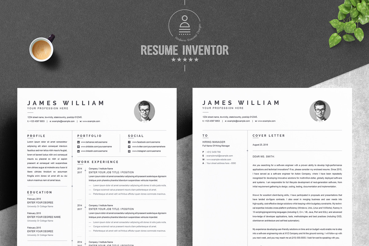 One Page Resume and Cover Letter, a Resume Template by ResumeInventor