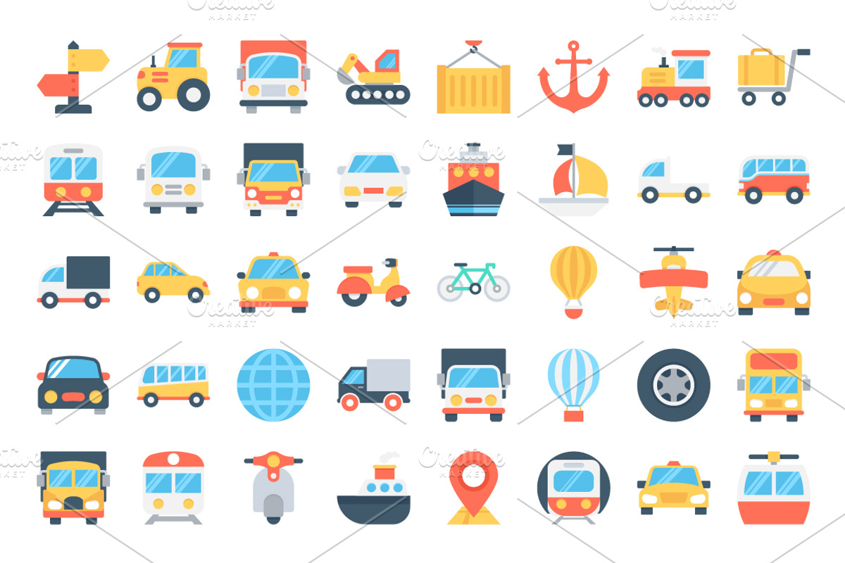 100 Flat Transport Icons, an Icon by Vectors Market