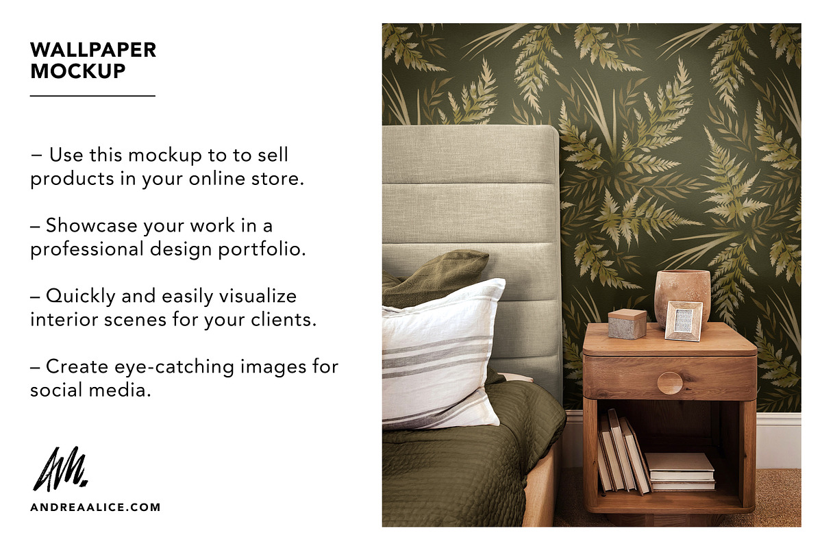 Wallpaper Mockup - Bedside 02, a Household Mockup by Andrea Muller