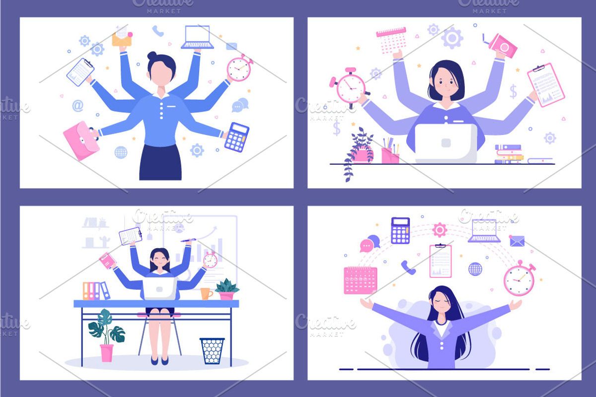 17 Multitasking Business Flat Design, a Person Illustration by denayunebgt