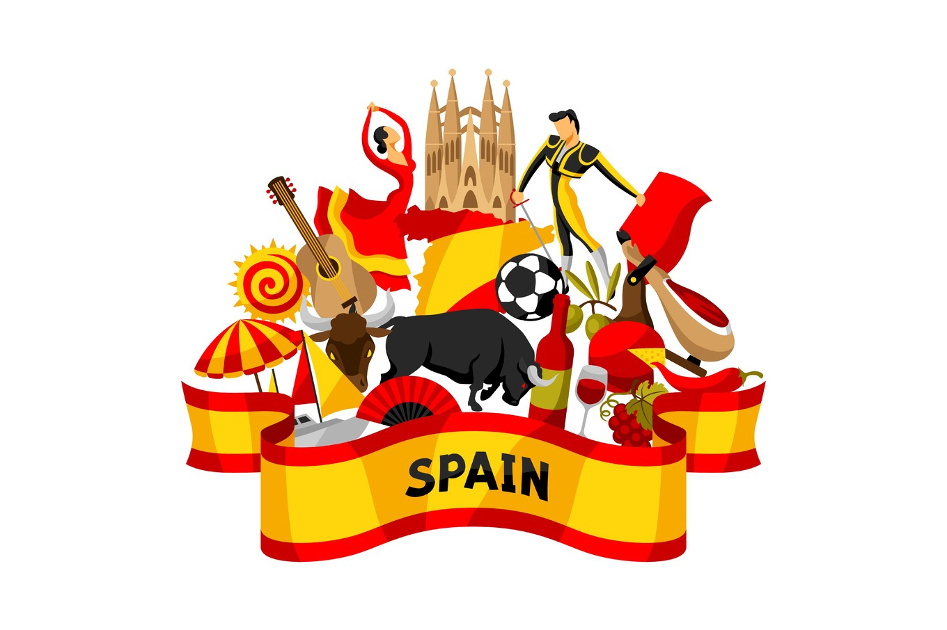 Spain background design. Spanish traditional symbols and objects, a ...
