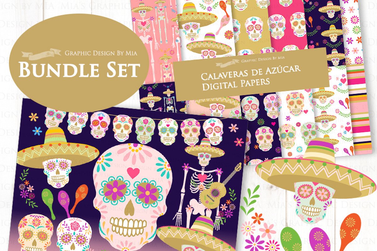 Sugar Skull Clipart+Pattern set, an Illustration by Mia's Graphic Design