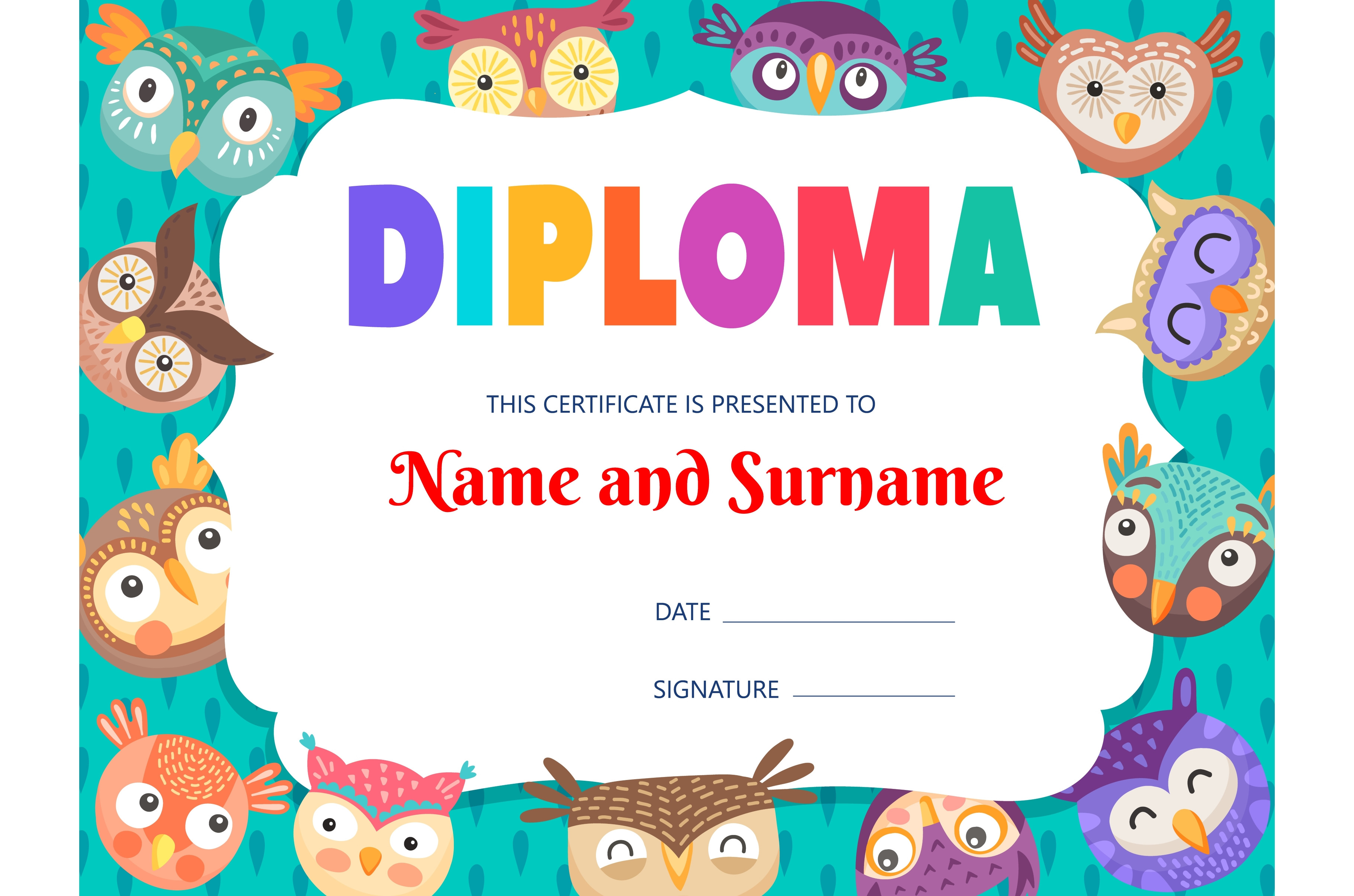 Kids diploma with funny owls | Animal Illustrations ~ Creative Market