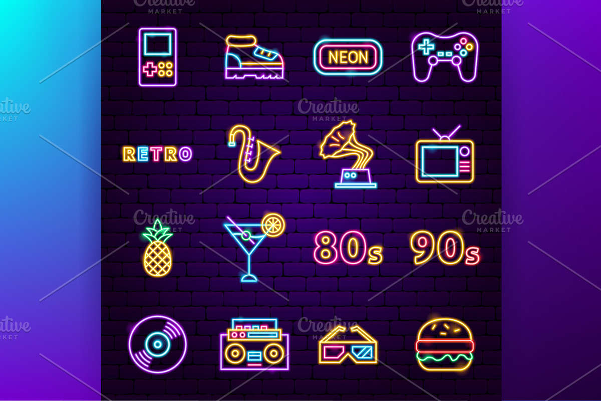 Retro Neon Vector Icons Set