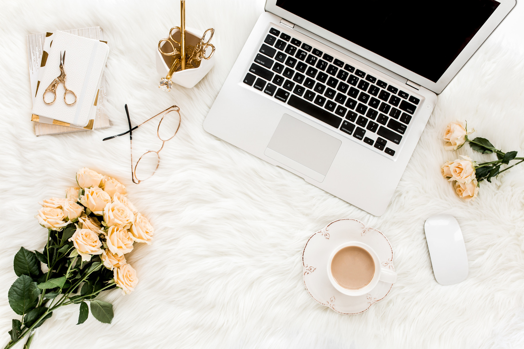 Female workspace with laptop stock photo containing accessories and art ...