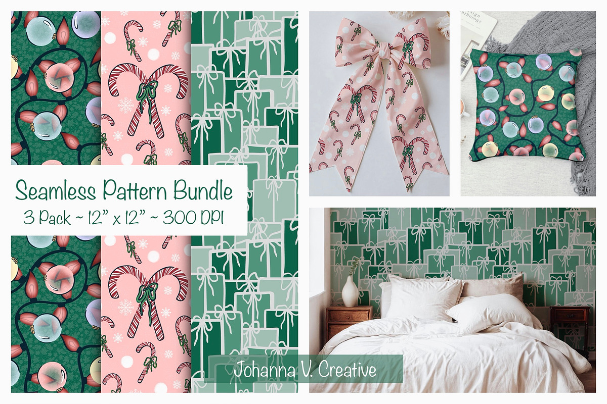 Festive Holiday Seamless Patterns, an Illustration by Johanna V. Creative