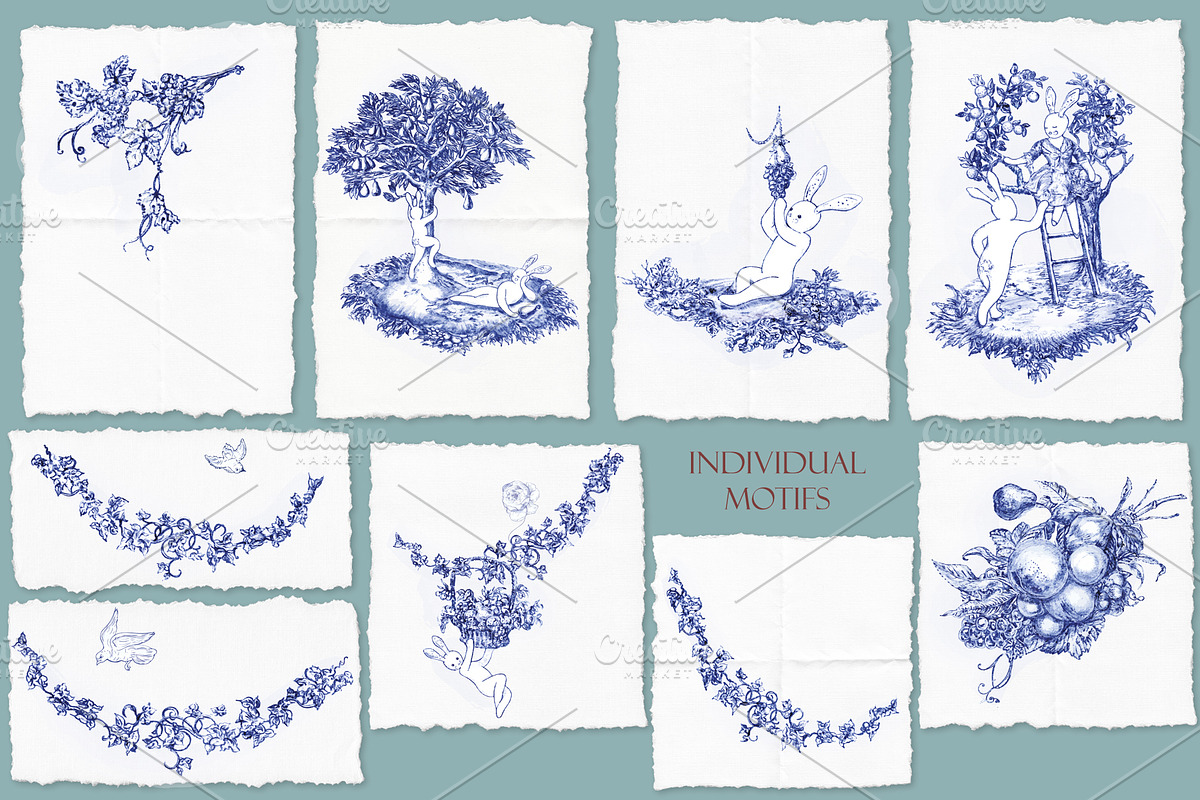 Harvest Bunnies - Toile De Jouy, a Pattern Graphic by YvY