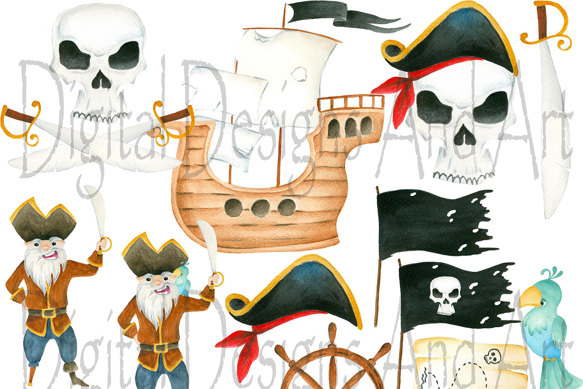Pirate ship clipart set, an Illustration by DarinaDigital