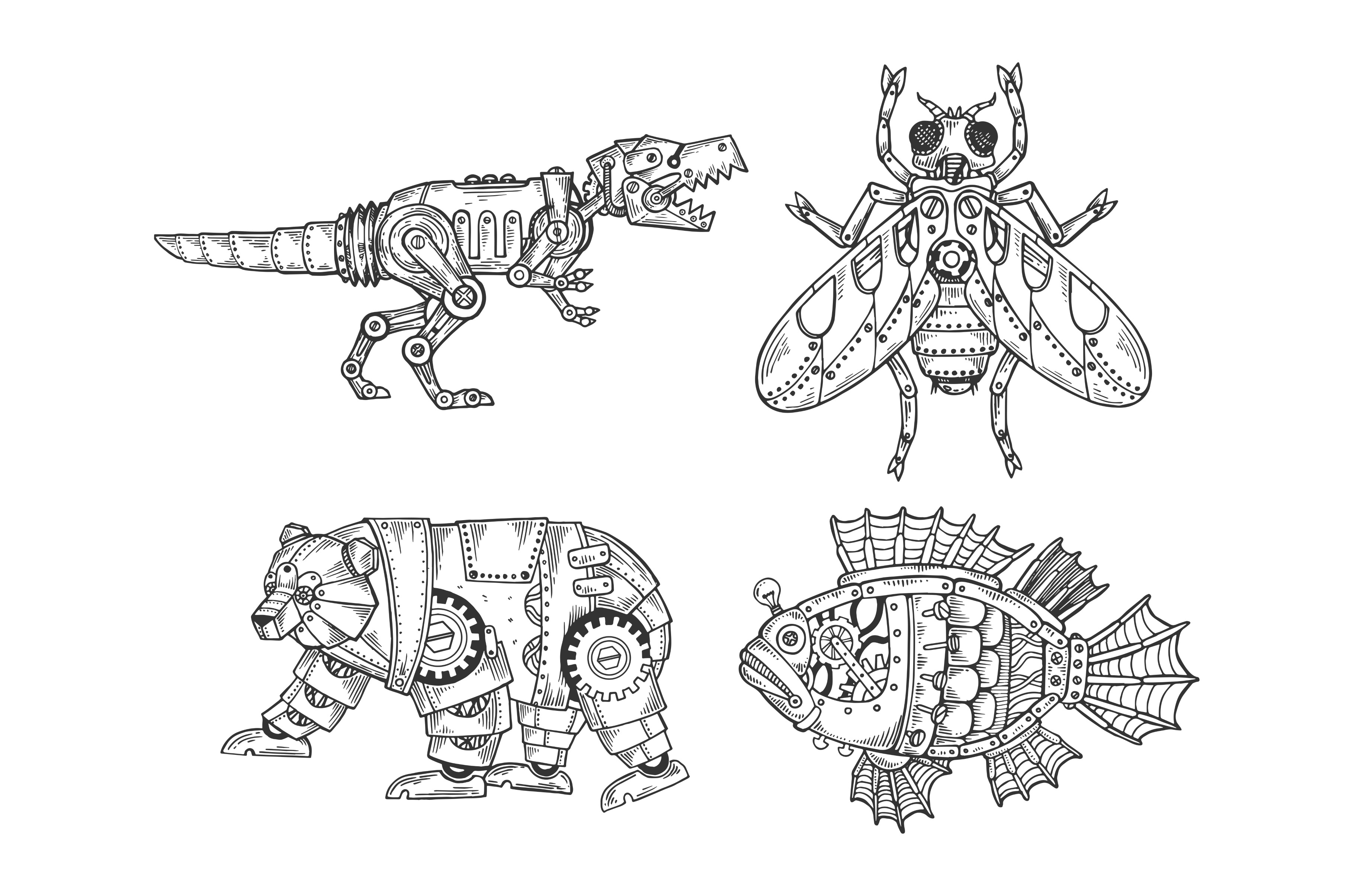 Mechanical animal set sketch vector, an Animal Illustration by AlexArt