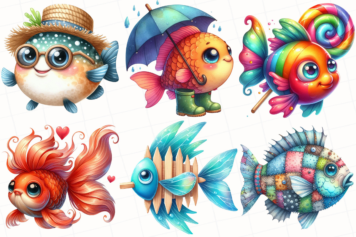 Quirky Summer Fishes Clipart, an Illustration by OK Design