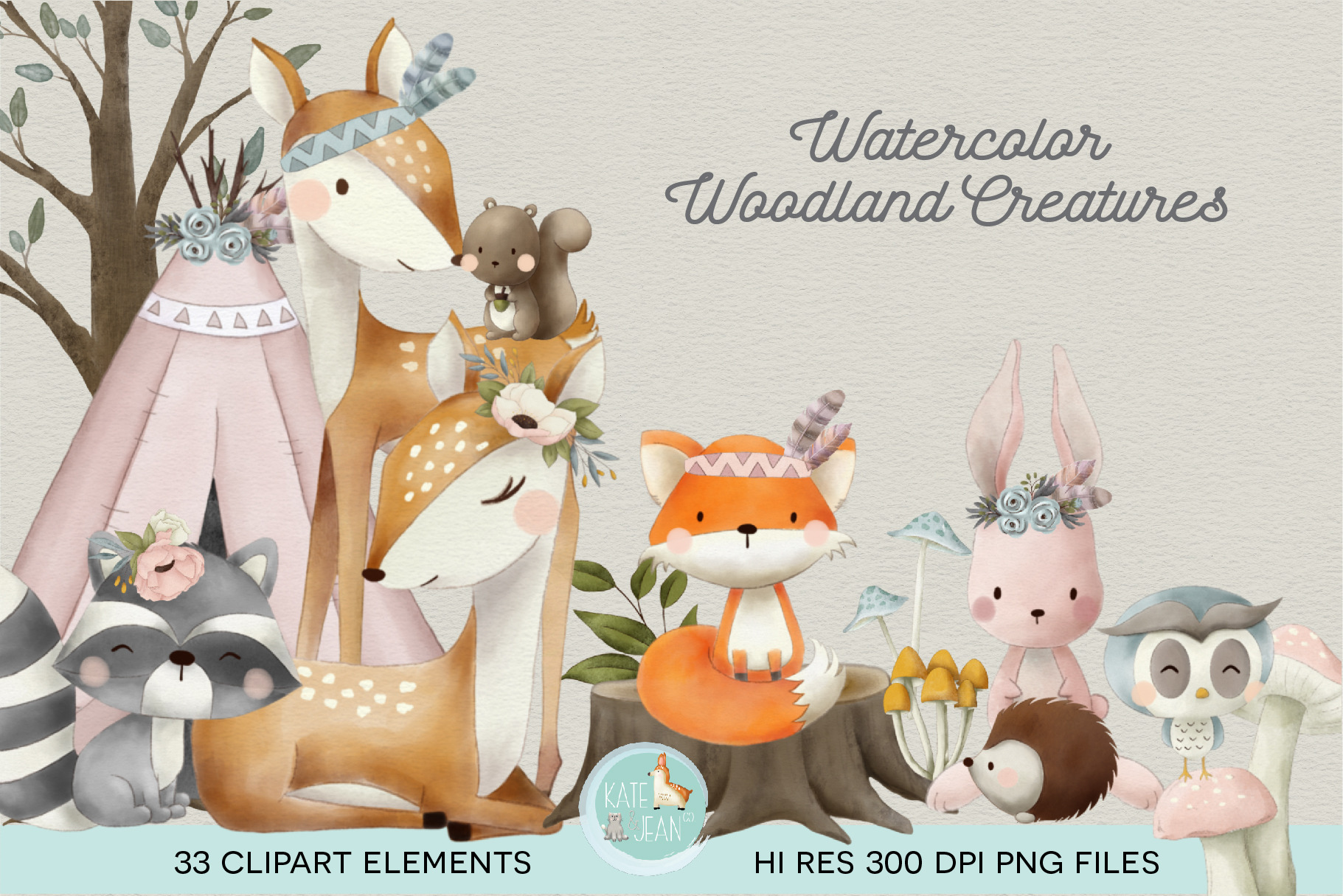 Watercolor Woodland Animals, an Animal Illustration by KateandJeanCo