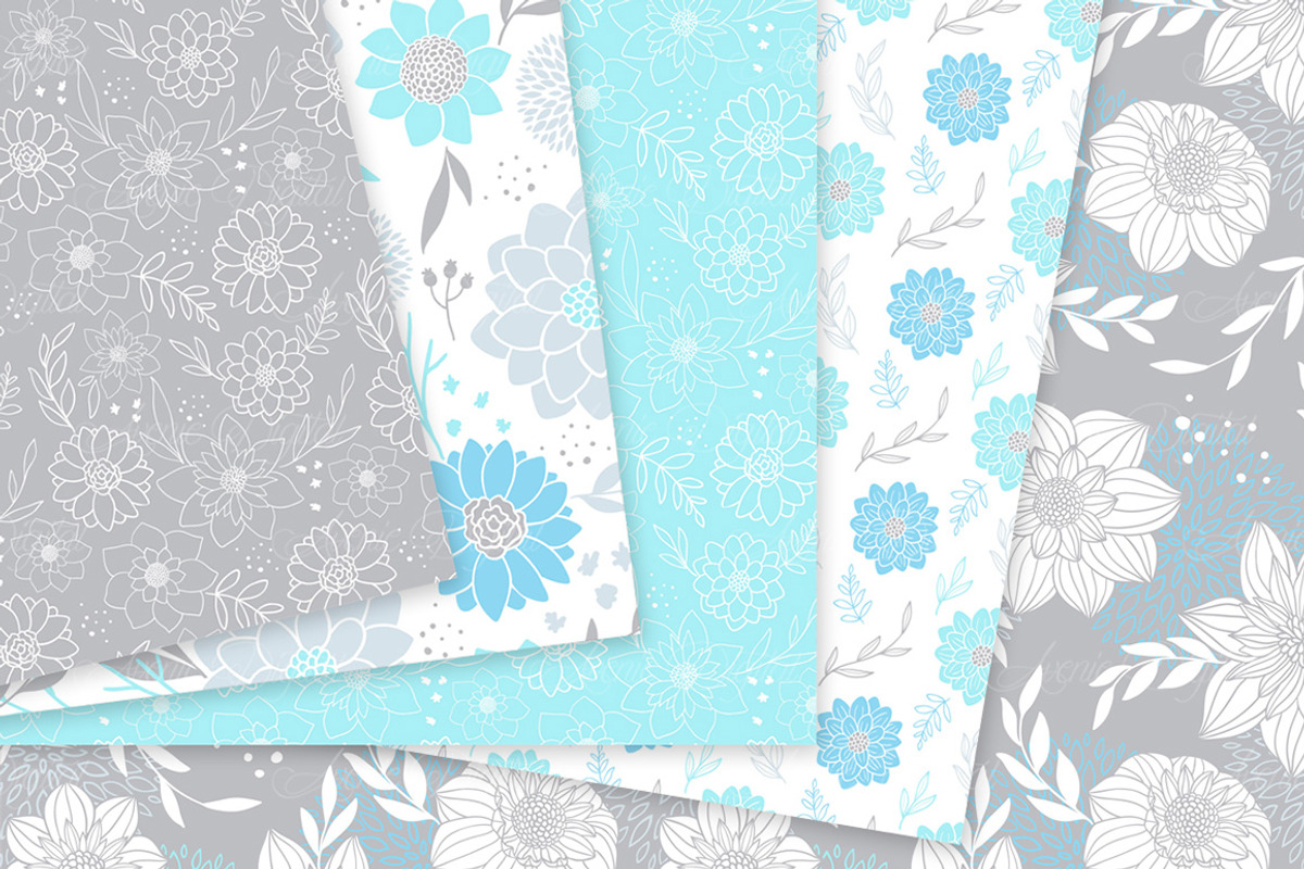 Blue and Gray Floral Vector Patterns, a Pattern Graphic by Avenie Digital