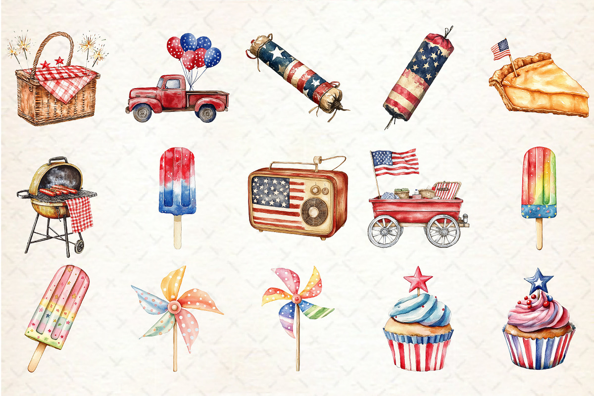 Watercolor Retro 4th of July Clipart, an Illustration by Rose Art