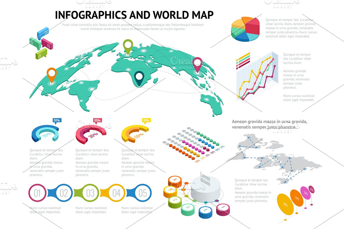 Isometric World map with set of infographics elements. Big set of ...