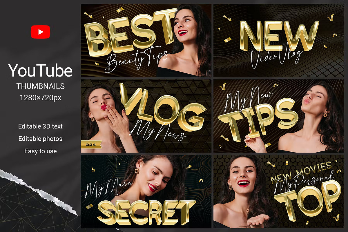 YouTube Thumbnails with Gold Text, a Social Media Template by Andrew ...