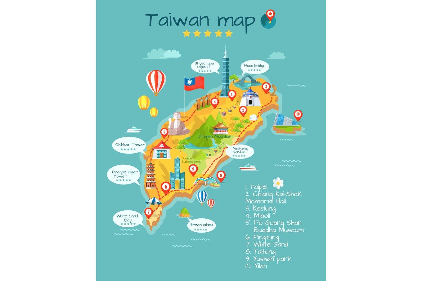 Taiwan Map with Sightseeing Taipei Chiang Kai-Shek, a Transportation ...