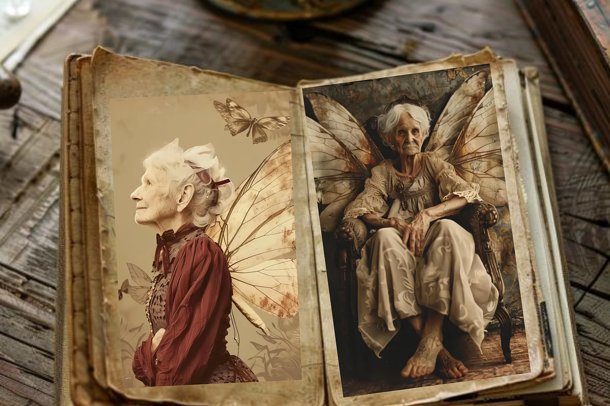 OLD LADY FAIRY JUNK JOURNAL PAGES, a Person Illustration by Daring Digies