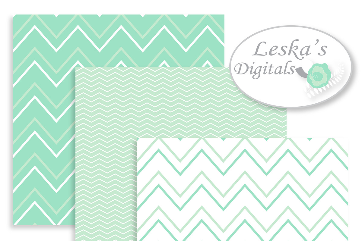 Mint Green Digital Paper Chevrons, a Pattern Graphic by Leska's Digitals