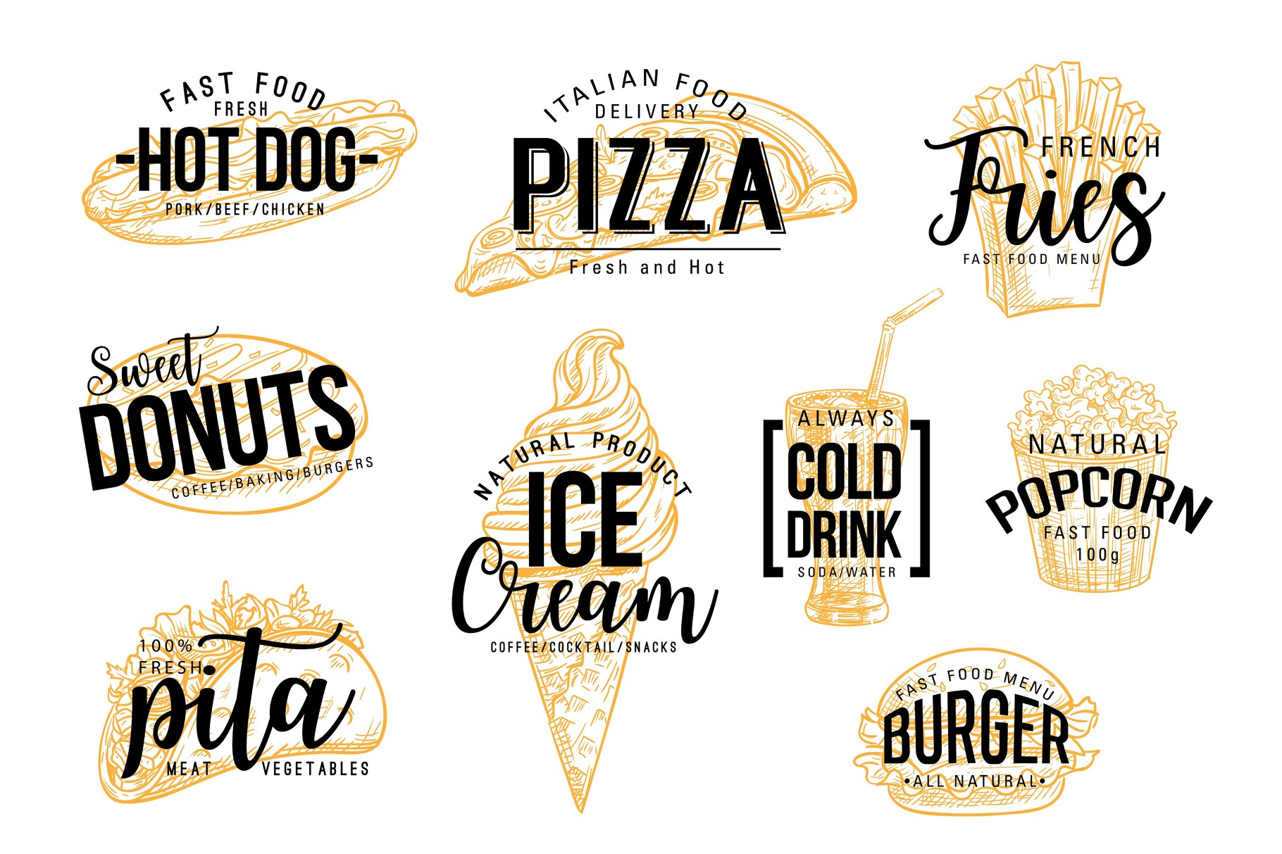 Fast food pizza, burgers lettering | Food Illustrations ~ Creative Market