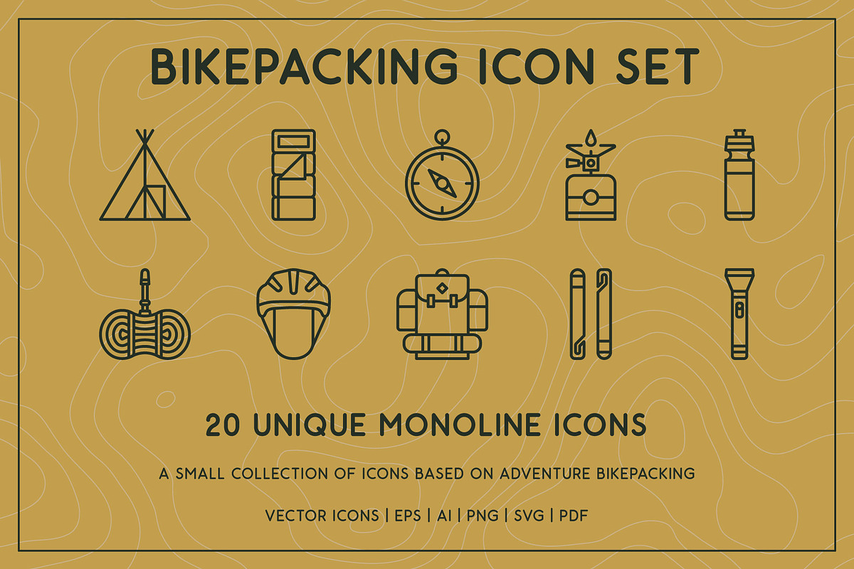 Bikepacking Icon Set | Line Icons, an Outline Icon by Max Lockwood