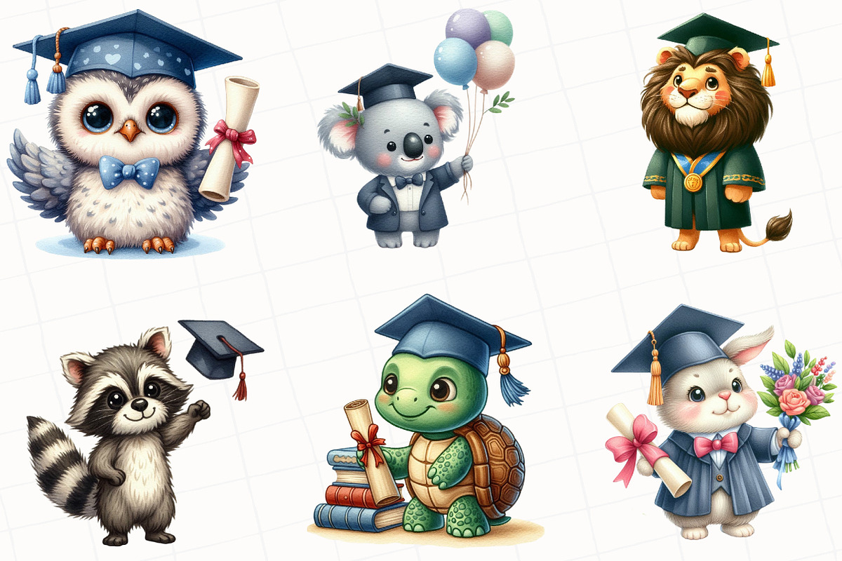 Graduation Cute Animal Clipart, an Illustration by OK Design
