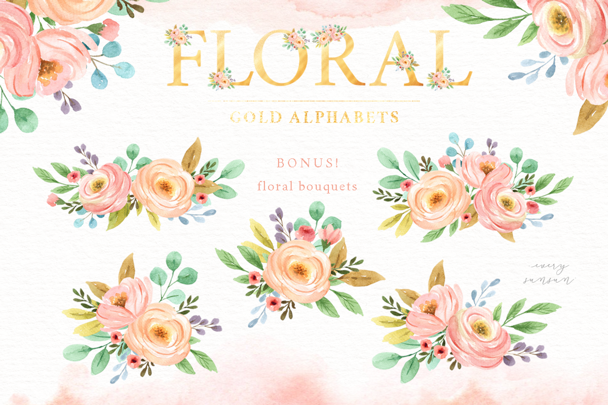 Floral Gold Alphabet Watercolor Set, a Decorative Illustration by ...