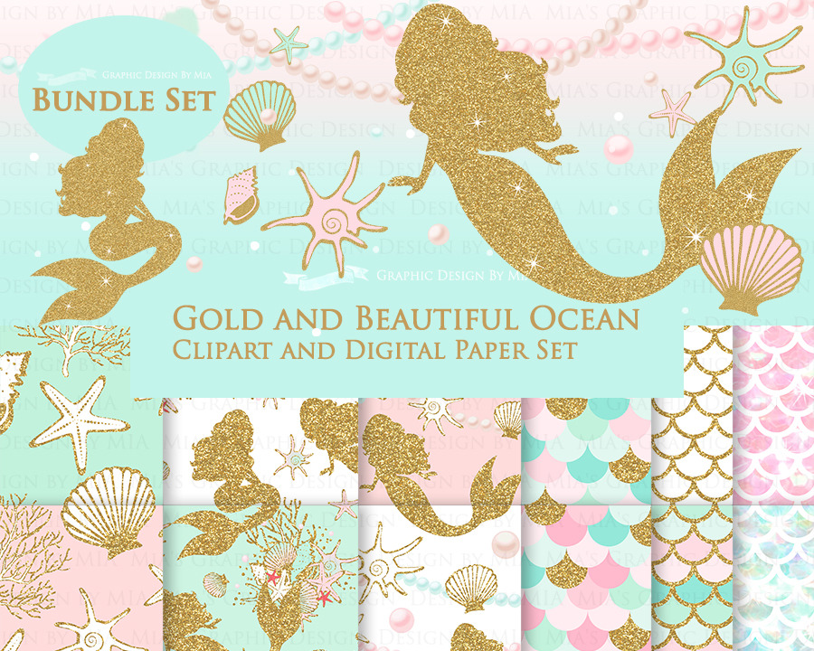 Mermaid Gold Clipart,Pattern, an Illustration by Mia's Graphic Design