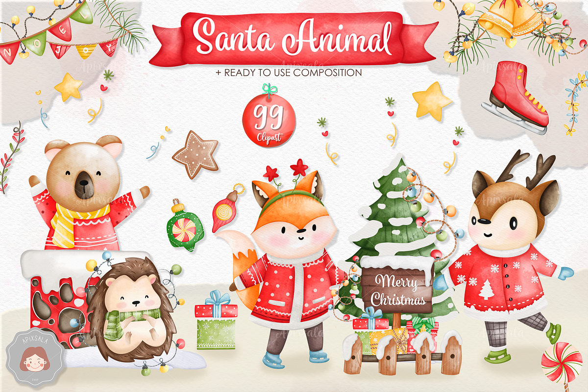 Watercolor Christmas Santa Animals, an Animal Illustration by Apixsala