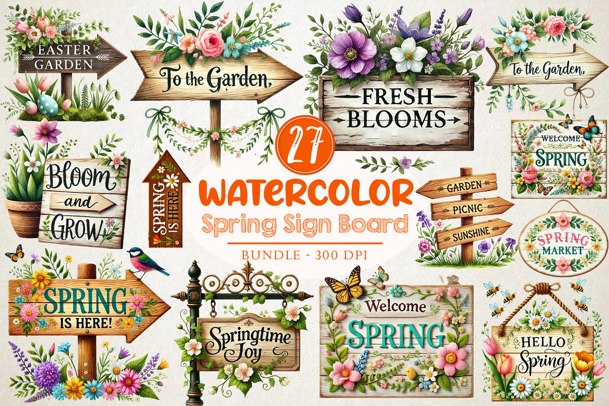 Spring Sign Board Clipart Bundle, a Work Illustration by OK Design