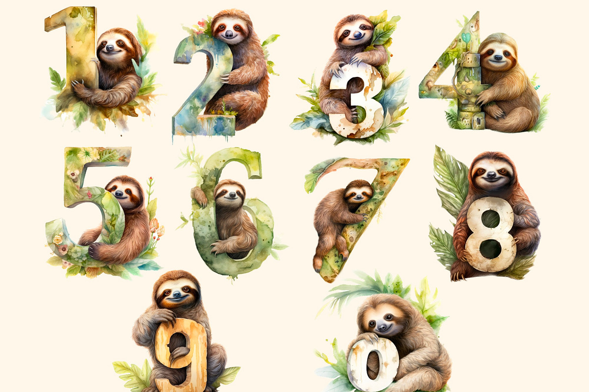 Sloth Alphabet and numbers 36 PNG, a Decorative Illustration by Hello ...