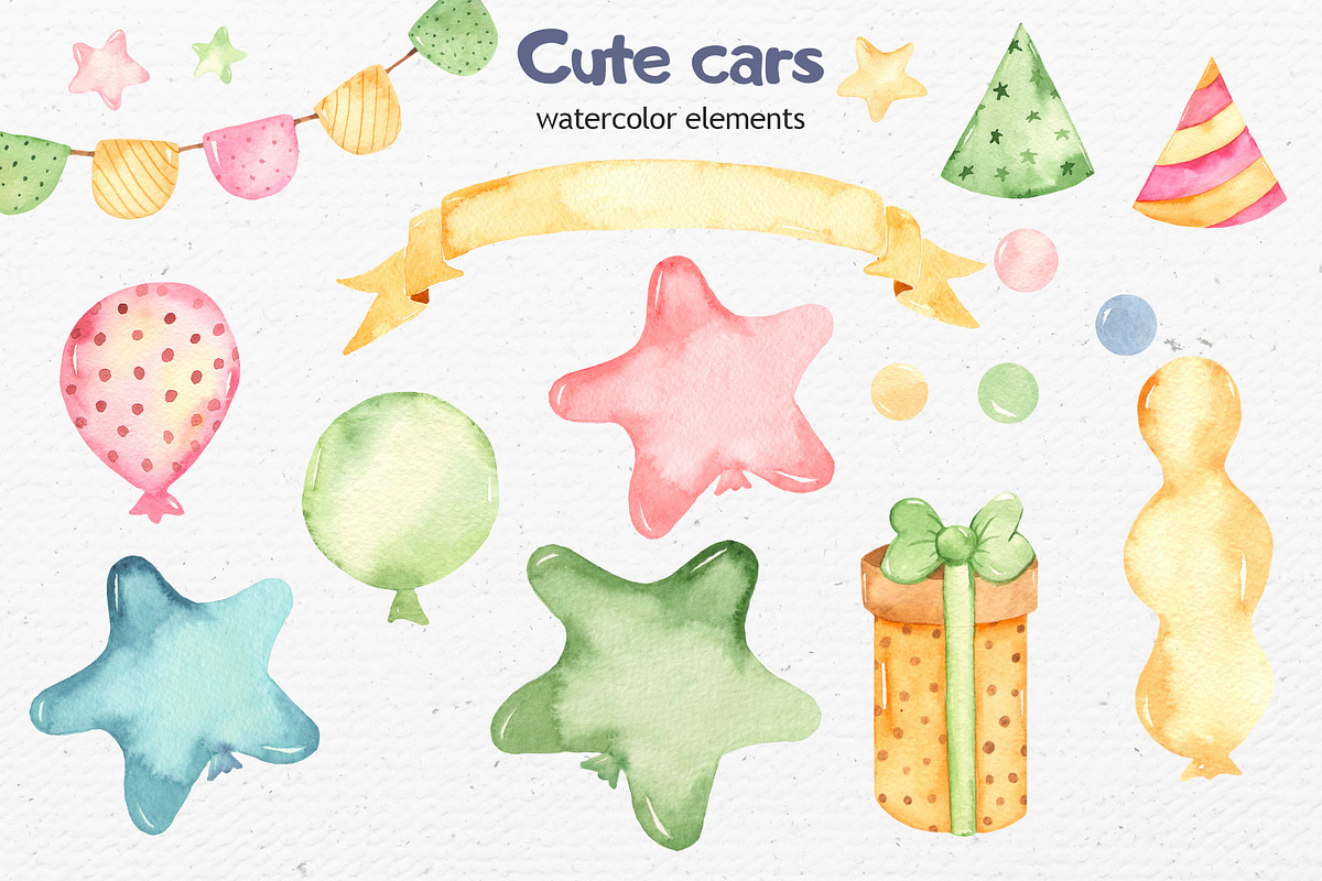 Cute cars Watercolor clipart, an Education Illustration by Marina Ermakova