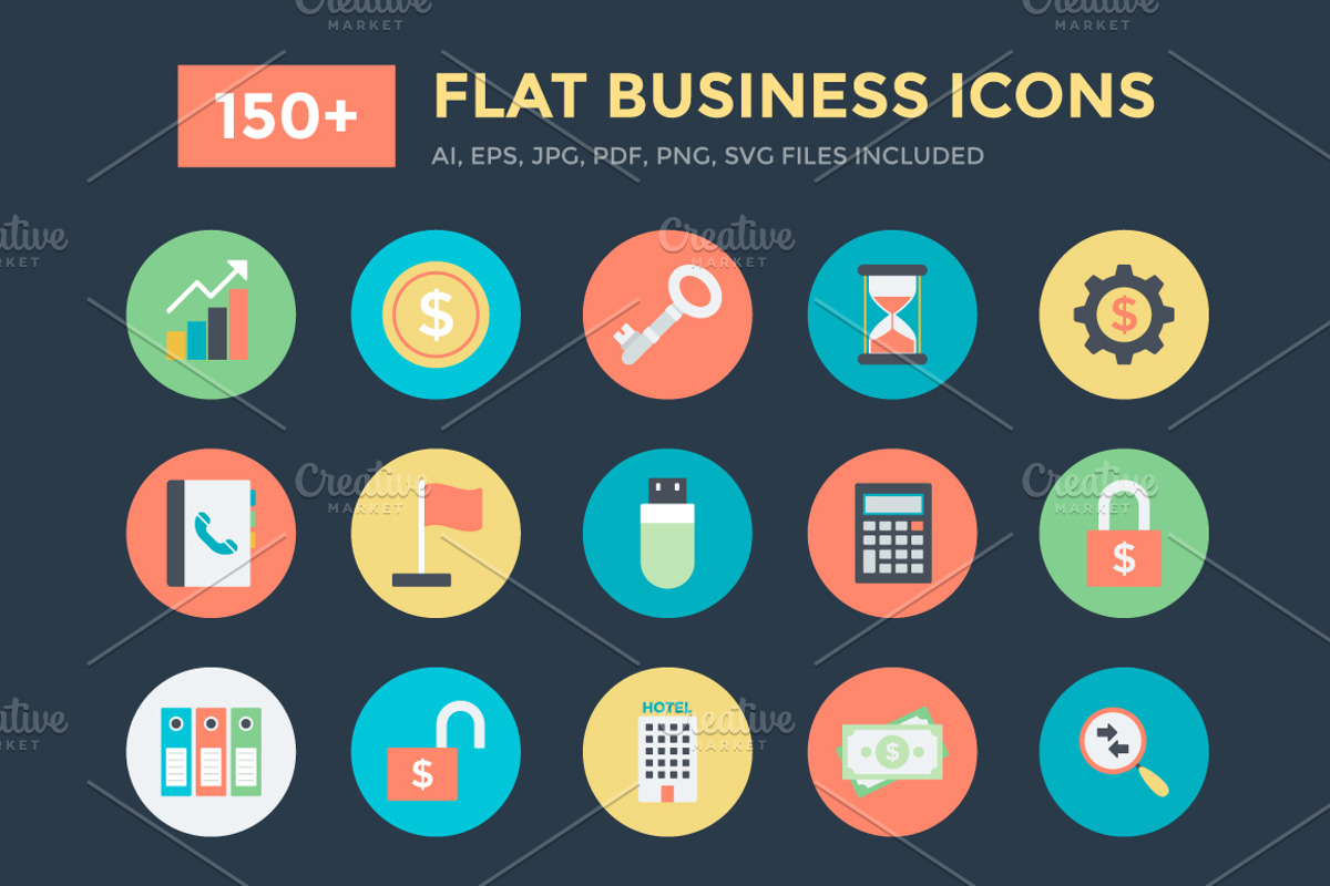 150+ Flat Business Vector Icons, an Icon by Vectors Market