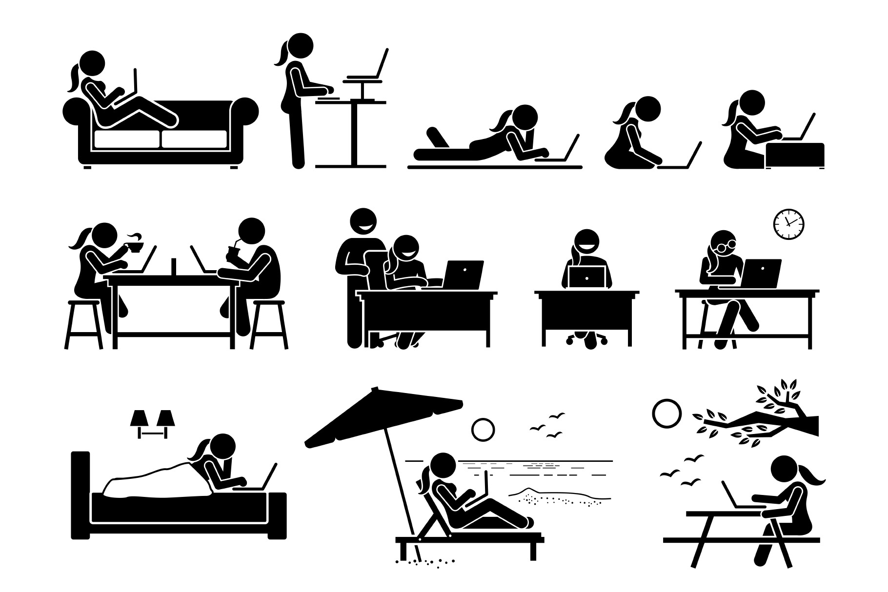 Woman Computer Different Places Pose, an Icon by Leremy Stick Figures