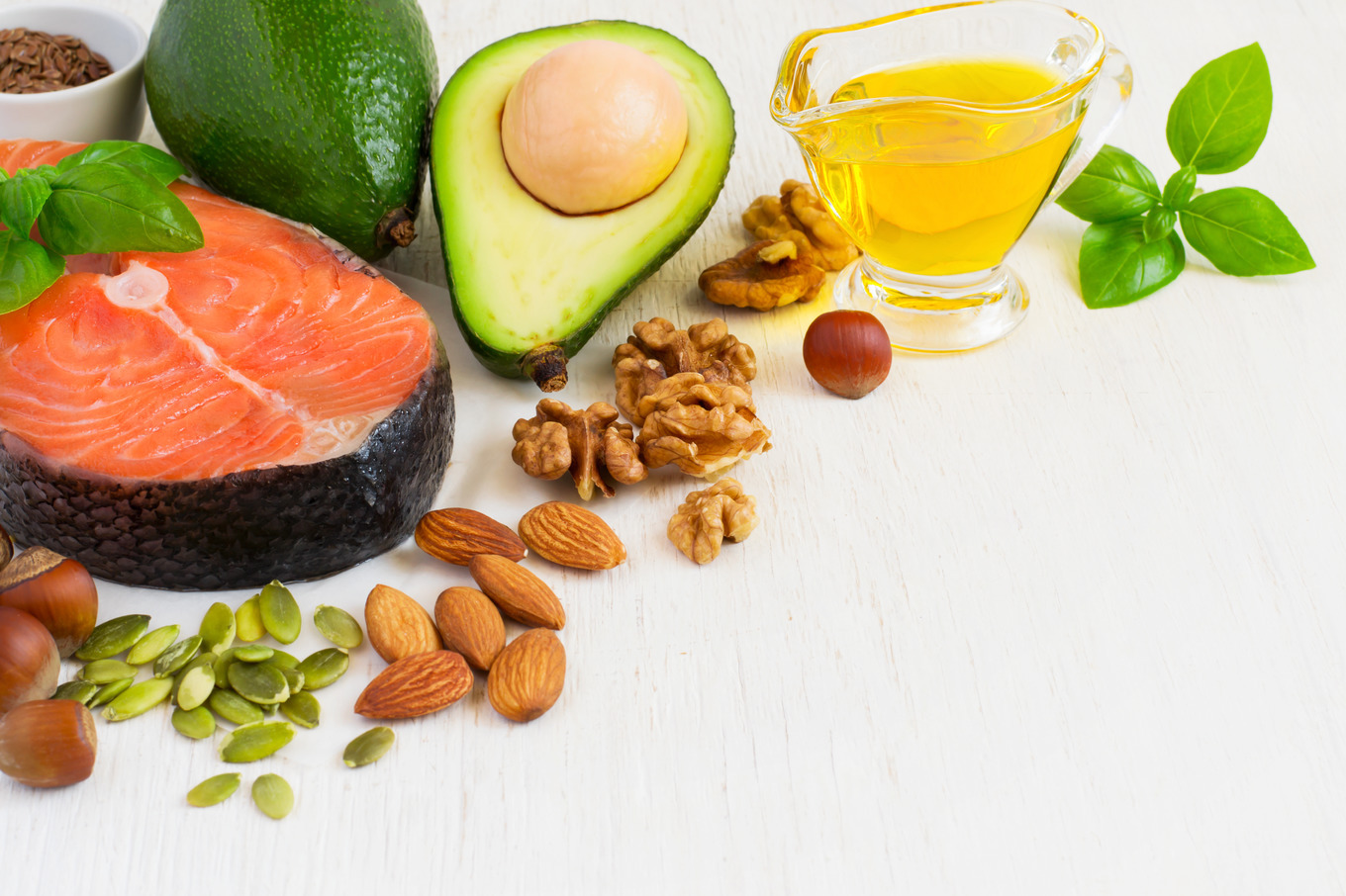Food sources of omega 3 and healthy fats copy space containing natural ...