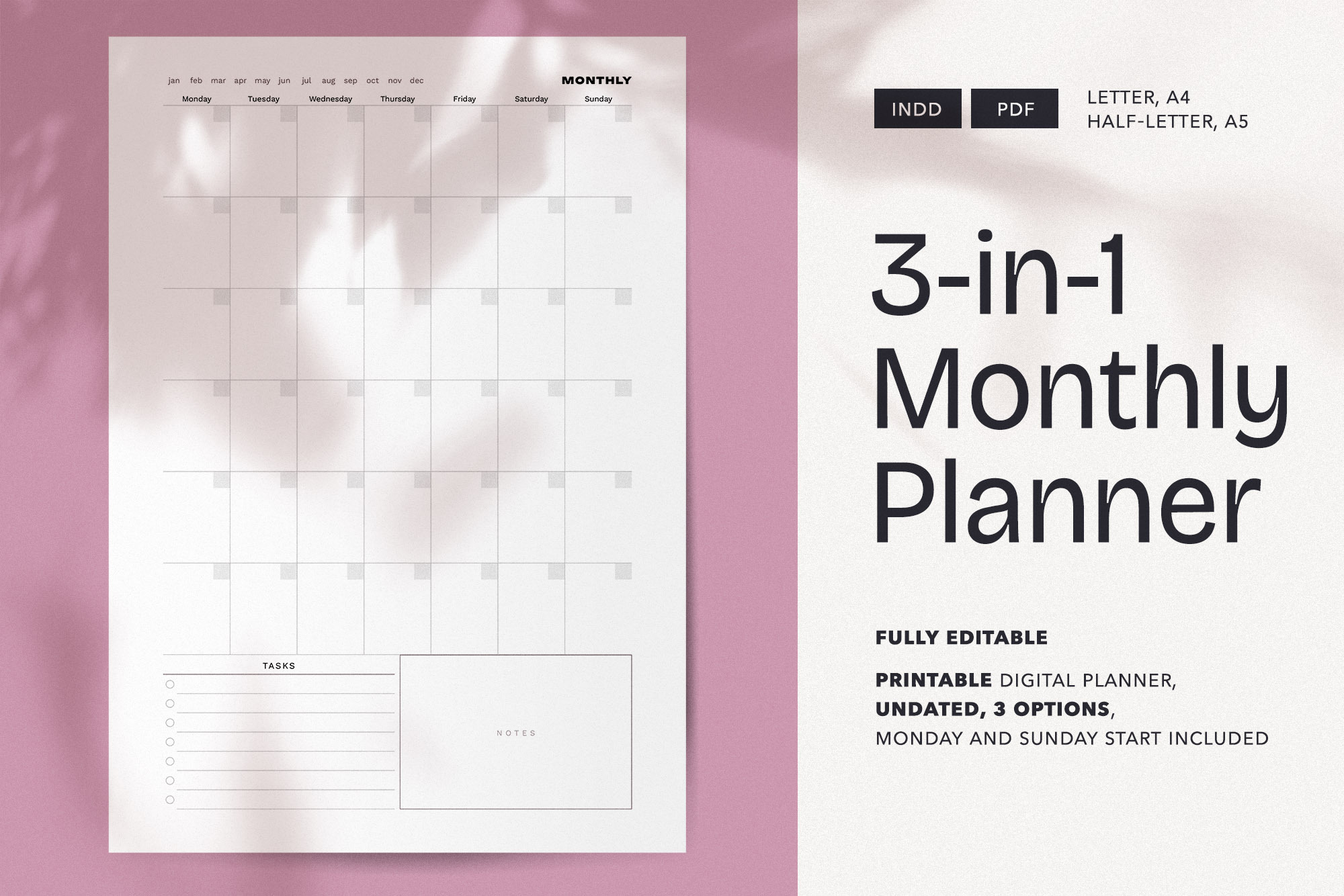 3-in-1 Undated Monthly Planner, a Stationery Template by PickMimi