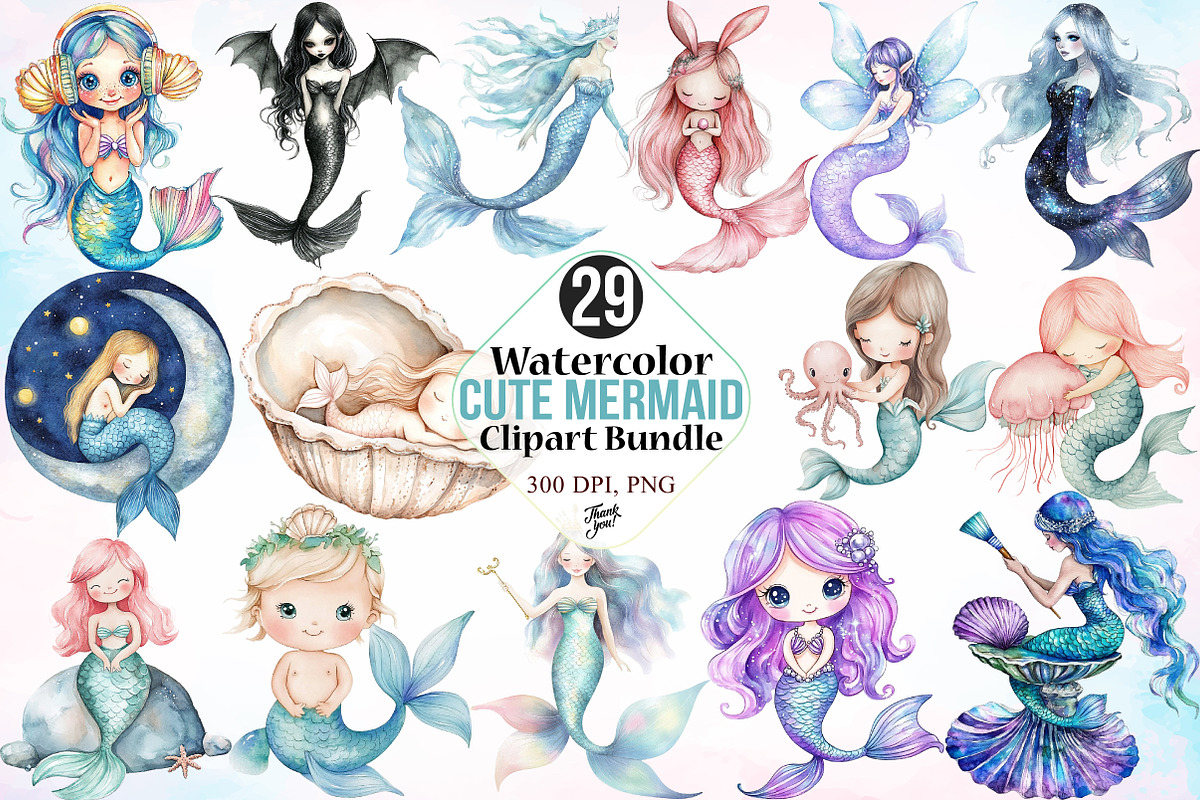 Watercolor Cute Mermaid Clipart PNG, an Illustration by Canvas Craft
