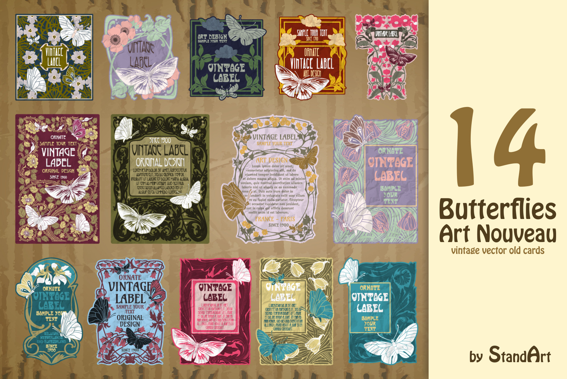 14 Butterflies Art Nouveau - sets, a Decorative Illustration by ...