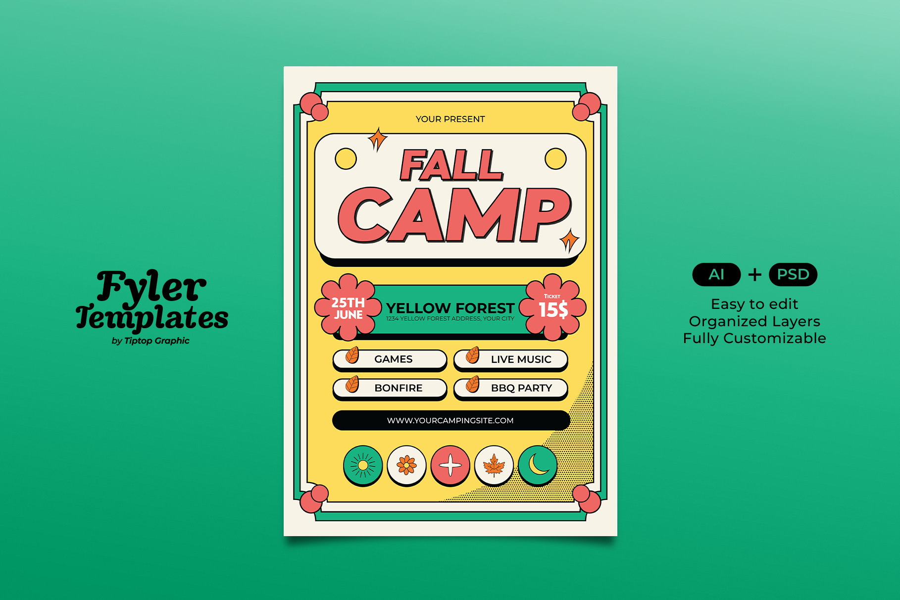 Retro Fall Camp Flyer Template, a Flyer Template by Tiptop Graphic