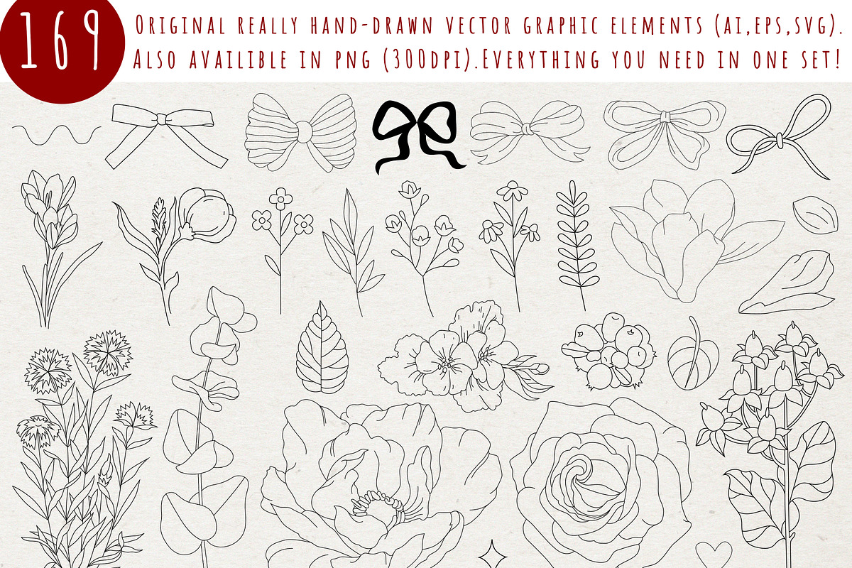 Flowers and Bows graphic line art, a Decorative Illustration by Nataly ...