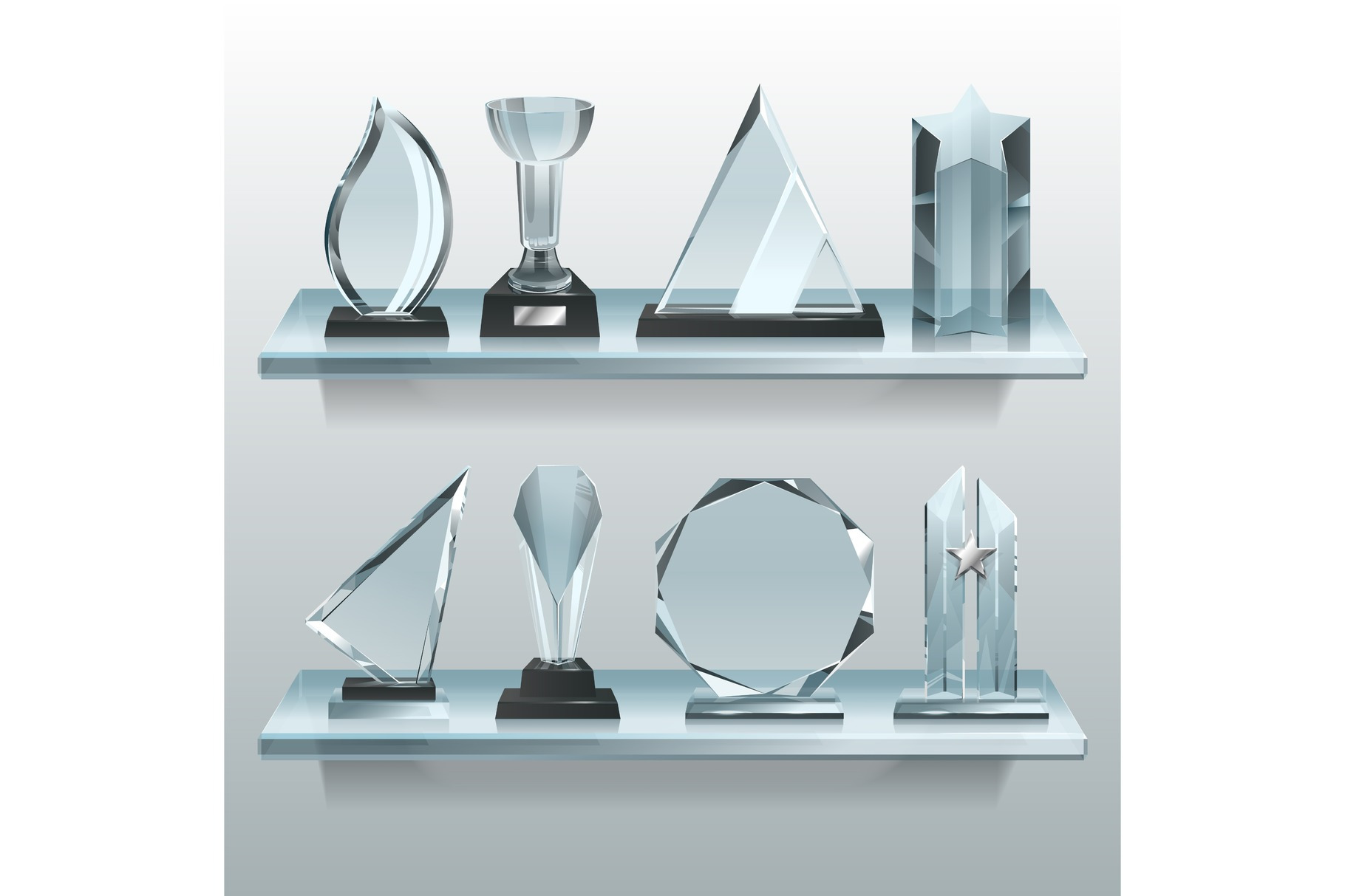 Collections of transparent trophies, awards and winner cups on shelf of ...