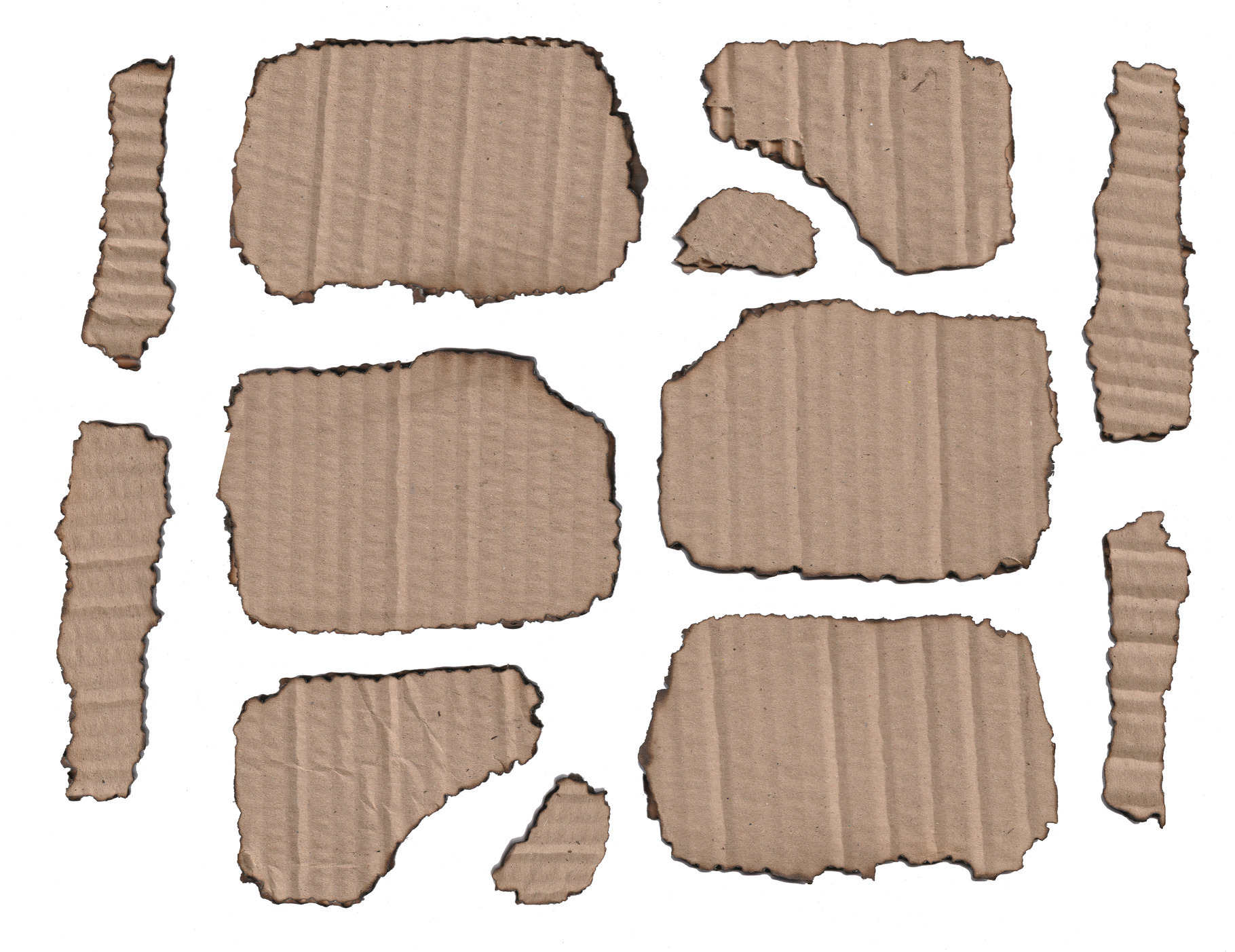 Burnt battered craft paper pieces texture set. Vintage cardboard carton ...