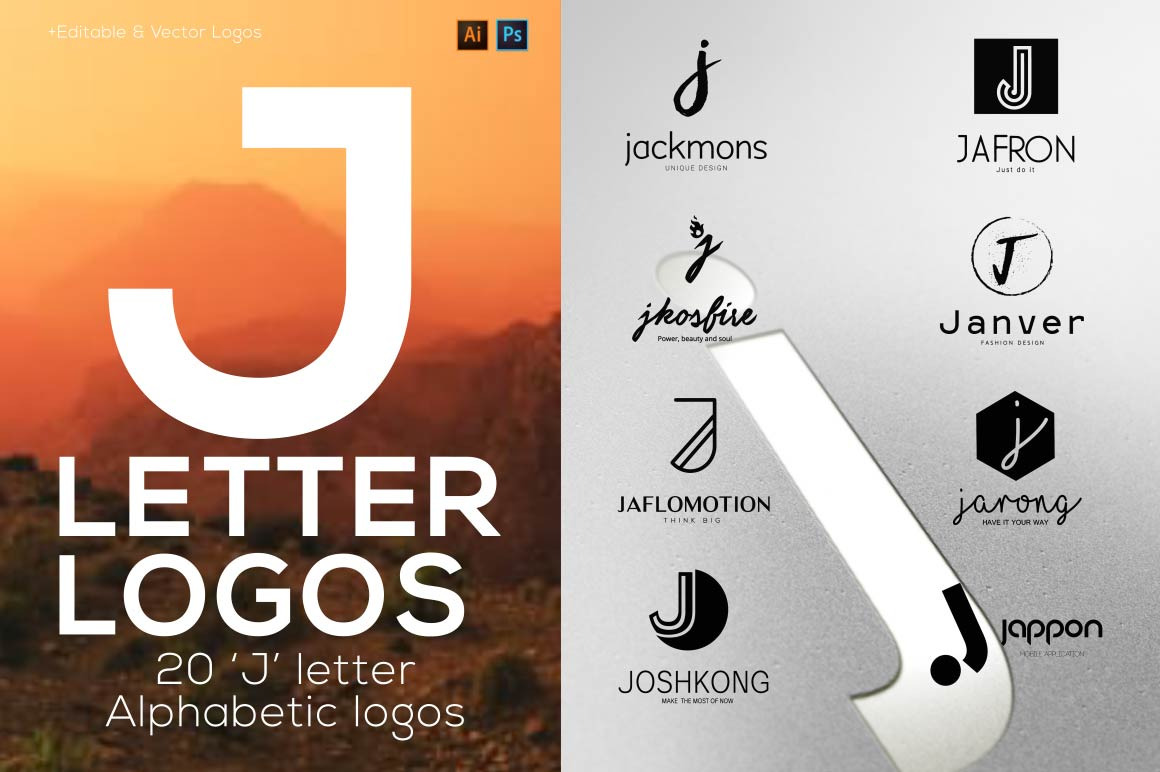 20 J Letter Alphabetic Logos, a Branding & Logo Template by AN Productions