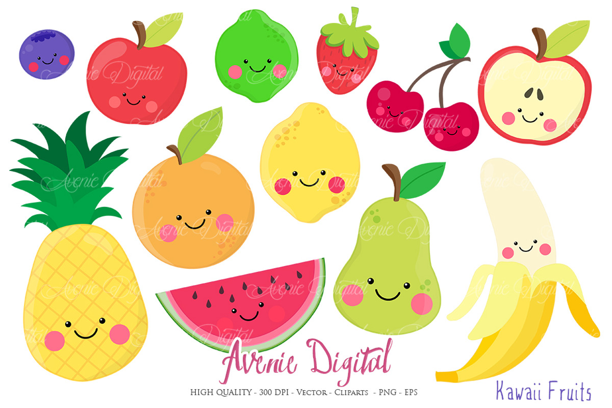 Kawaii Fruits Clipart + Vectors, a Food Illustration by Avenie Digital